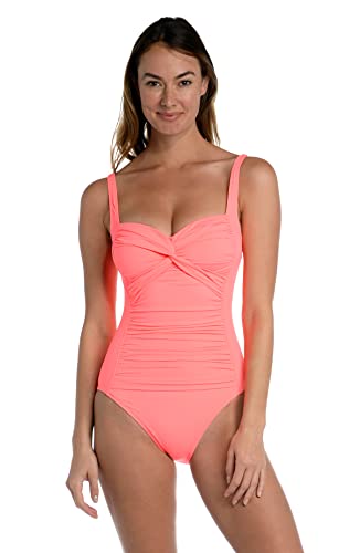 La Blanca Women's Island Goddess Over The Shoulder Rouched Front Bandeau One Piece Swimsuit, Hot Coral, 16