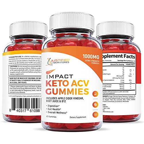 Justified Laboratories Impact Keto ACV Gummies 1000MG with Pomegranate Juice Beet Root B12 60 Gummys