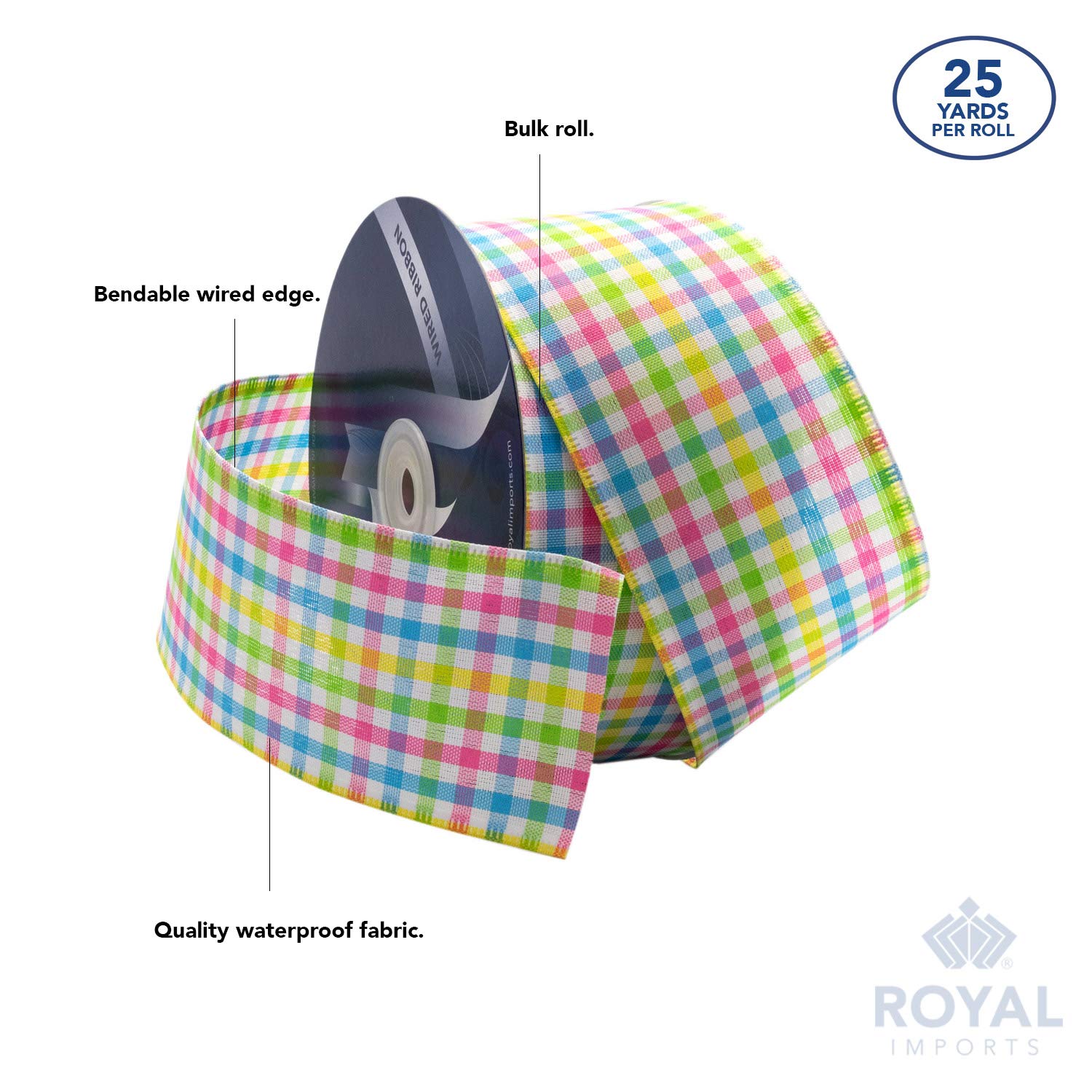 Royal Imports Spring Pastel Wired Ribbon, 2.5" (#40) Gingham Design Print for Baby Shower, Gender Reveal, Easter, Floral, Craft, Holiday Decor, 25 Yd Roll (75 FT Spool) Pink Blue Yellow Green