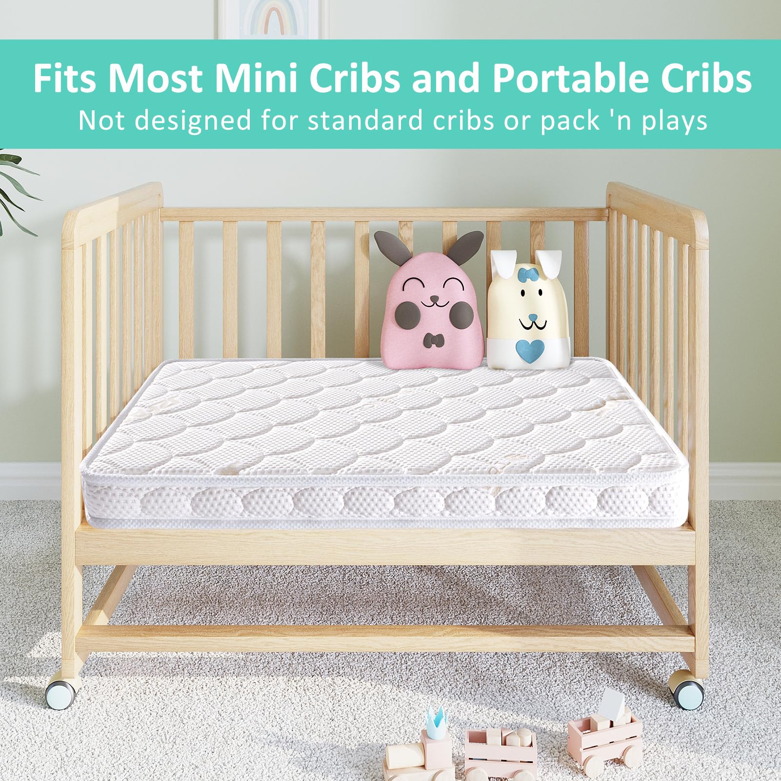 Vibe bear Premium Foam Mini Crib Mattress - Dual-Sided- 38x24x4 Inch- 100% Breathable, Non-Toxic, Quiet and Odorless, Hypoallergenic, Fits Most Mini Cribs
