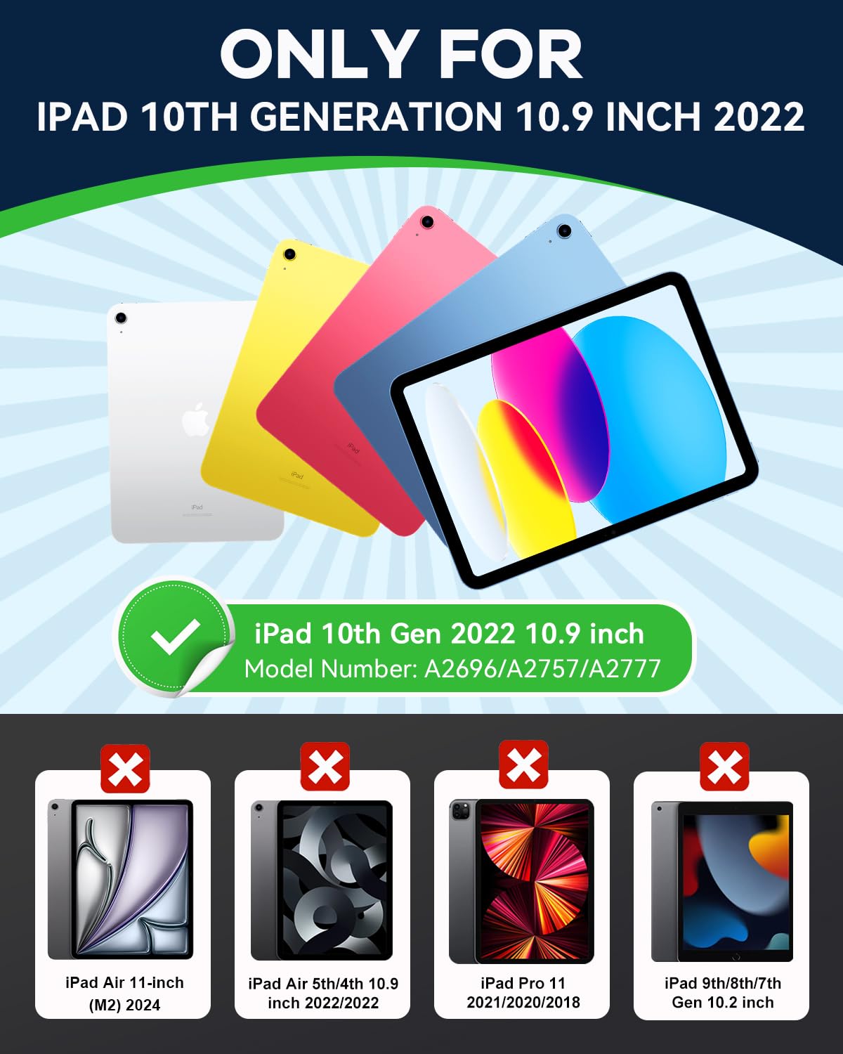 Cantis Case for iPad 10th Generation 10.9 inch 2022 with Screen Protector, iPad Cover 10th Generation with 360 Degree Rotating Stand/Shoulder Strap/Pencil Holder, Navy Only