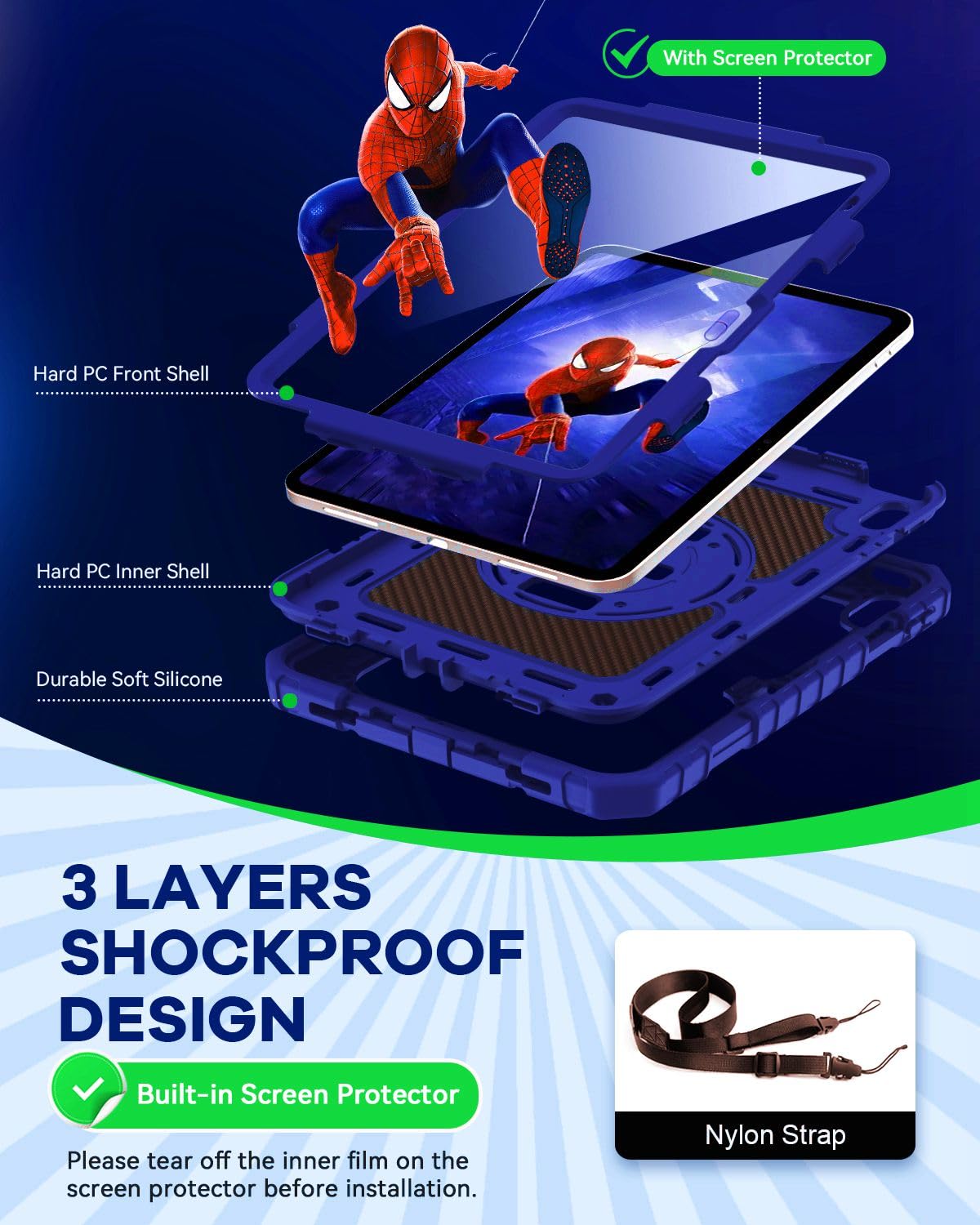 Cantis Case for iPad 10th Generation 10.9 inch 2022 with Screen Protector, iPad Cover 10th Generation with 360 Degree Rotating Stand/Shoulder Strap/Pencil Holder, Navy Only