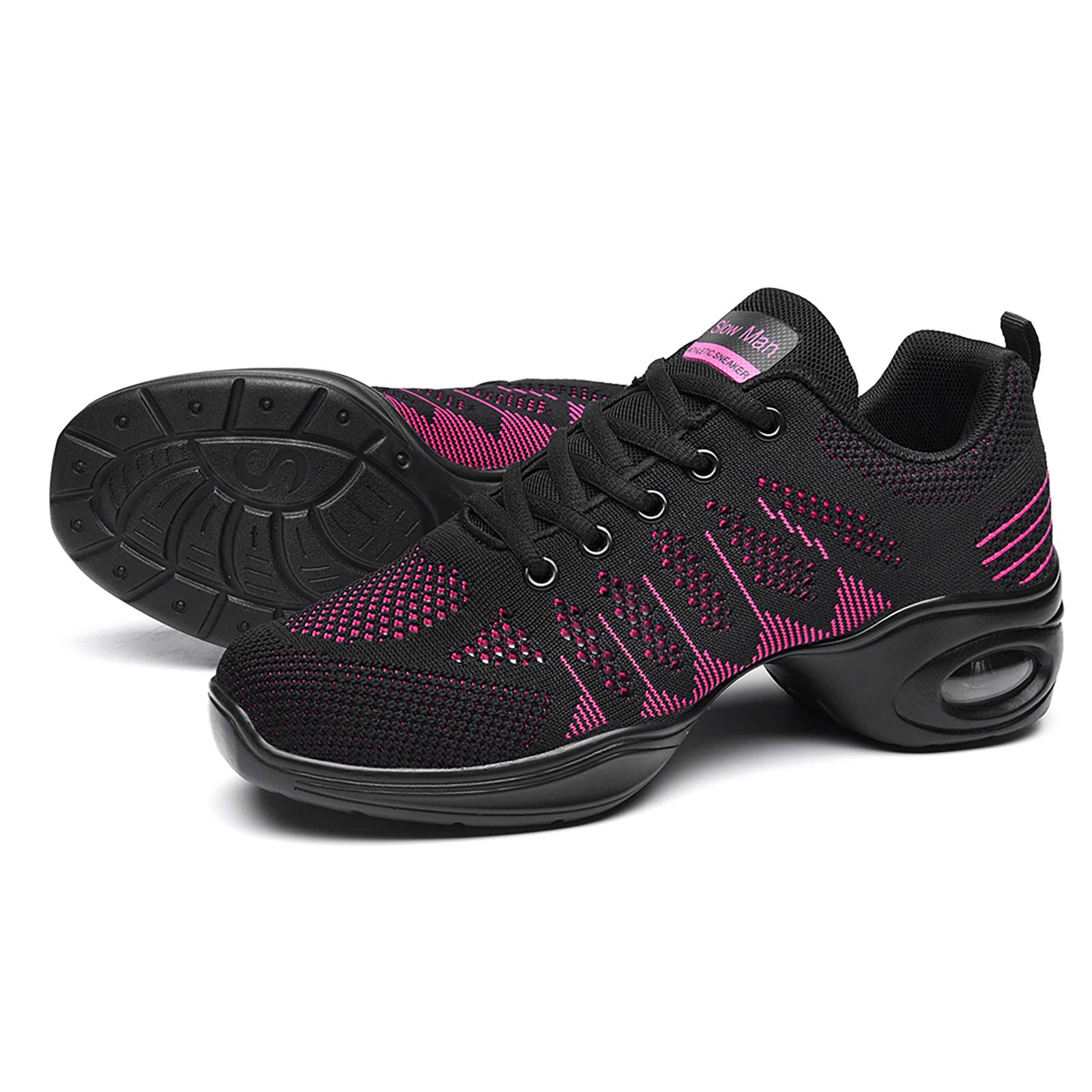 Women's Jazz Shoes Lace-up Sneakers - Breathable Air Cushion Lady Split Sole Athletic Walking Dance Shoes Platform Black&Pink,7