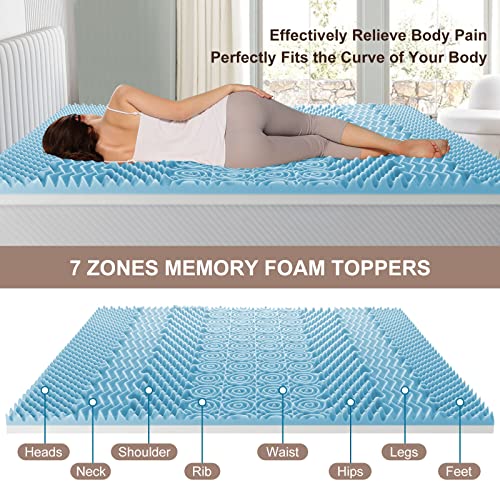 UniPon 4 Inch Mattress Topper Queen, Egg Crate Memory Foam Mattress Topper Queen,7 Zones Gel Infused Bed Topper, CertiPUR-US Certified