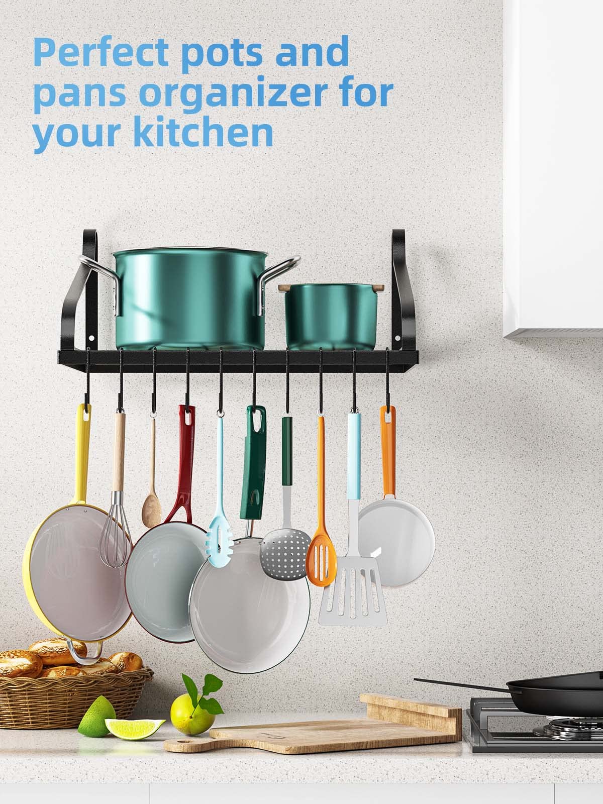 Pots and Pans Organizer - MUDEELA Hanging Pot Rack with 10 Hooks Wall Mounted Pot Pan Rack, Kitchen Wall Shelves for Cookware, 2 DIY Methods, Ideal for Pots Set, Utensils, Cookware