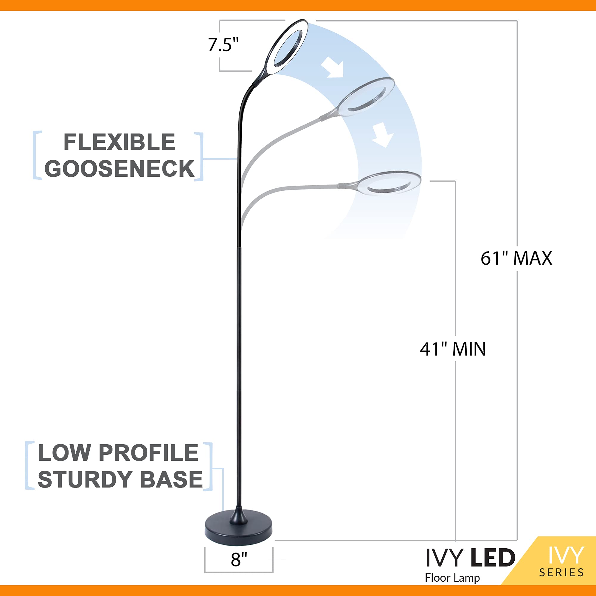 Bright Floor Lamp for Office, Reading and Bedrooms. LED Floor Lamp for Lash Light for Eyelash Extensions, Makeup & Nail Spa. Gooseneck Standing Lamp (Black)