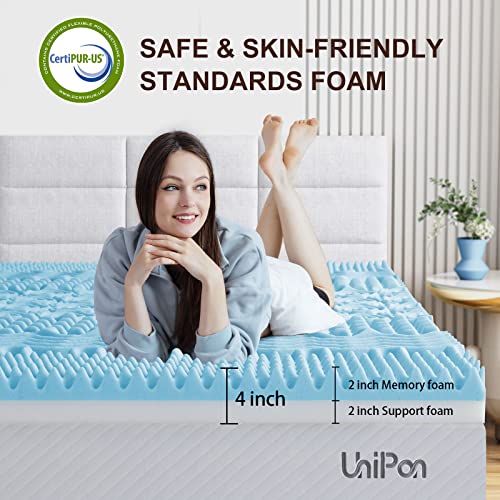 UniPon 4 Inch Mattress Topper Queen, Egg Crate Memory Foam Mattress Topper Queen,7 Zones Gel Infused Bed Topper, CertiPUR-US Certified