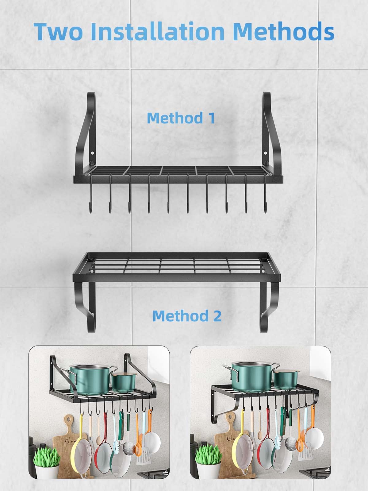 Pots and Pans Organizer - MUDEELA Hanging Pot Rack with 10 Hooks Wall Mounted Pot Pan Rack, Kitchen Wall Shelves for Cookware, 2 DIY Methods, Ideal for Pots Set, Utensils, Cookware