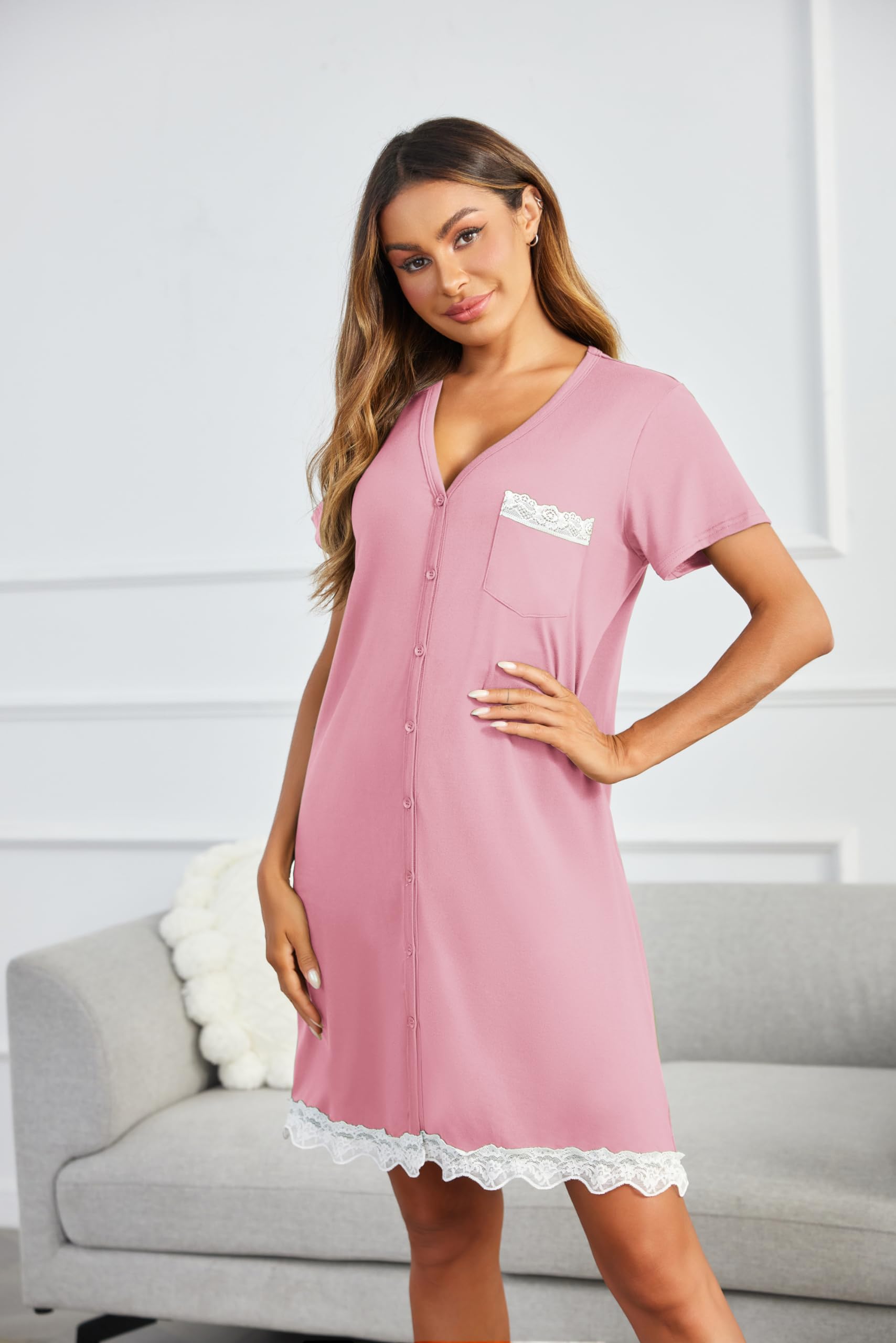 Ekouaer Ladies Night Gown Deep V Neck Short Sleeve Nightshirts Pj Dress Button Pajama Dress Pink