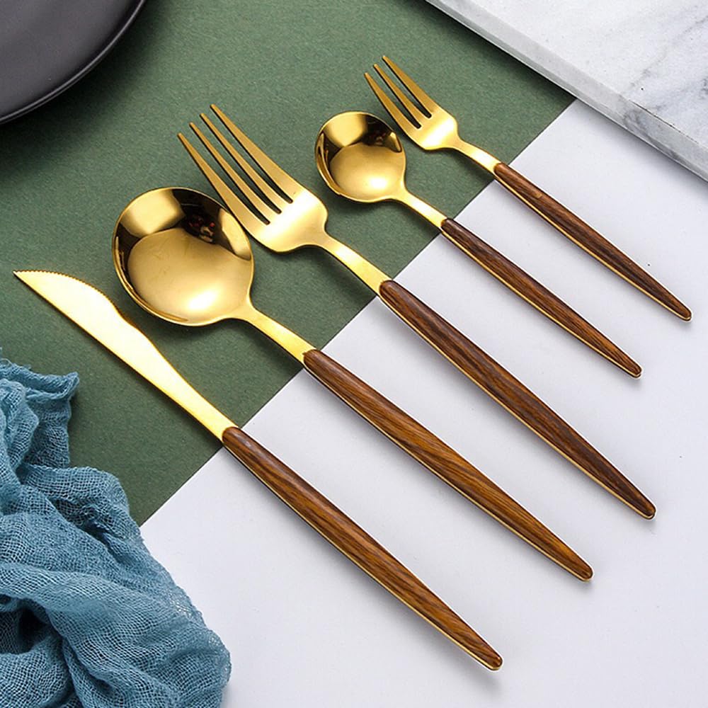 Aimilan 60 Piece Gold Silverware Set for 12, Imitation Wooden Handle Flatware Cutlery Set for Home Kitchen Restaurant, Mirror Finish, Dishwasher Safe (60-Piece for 12)