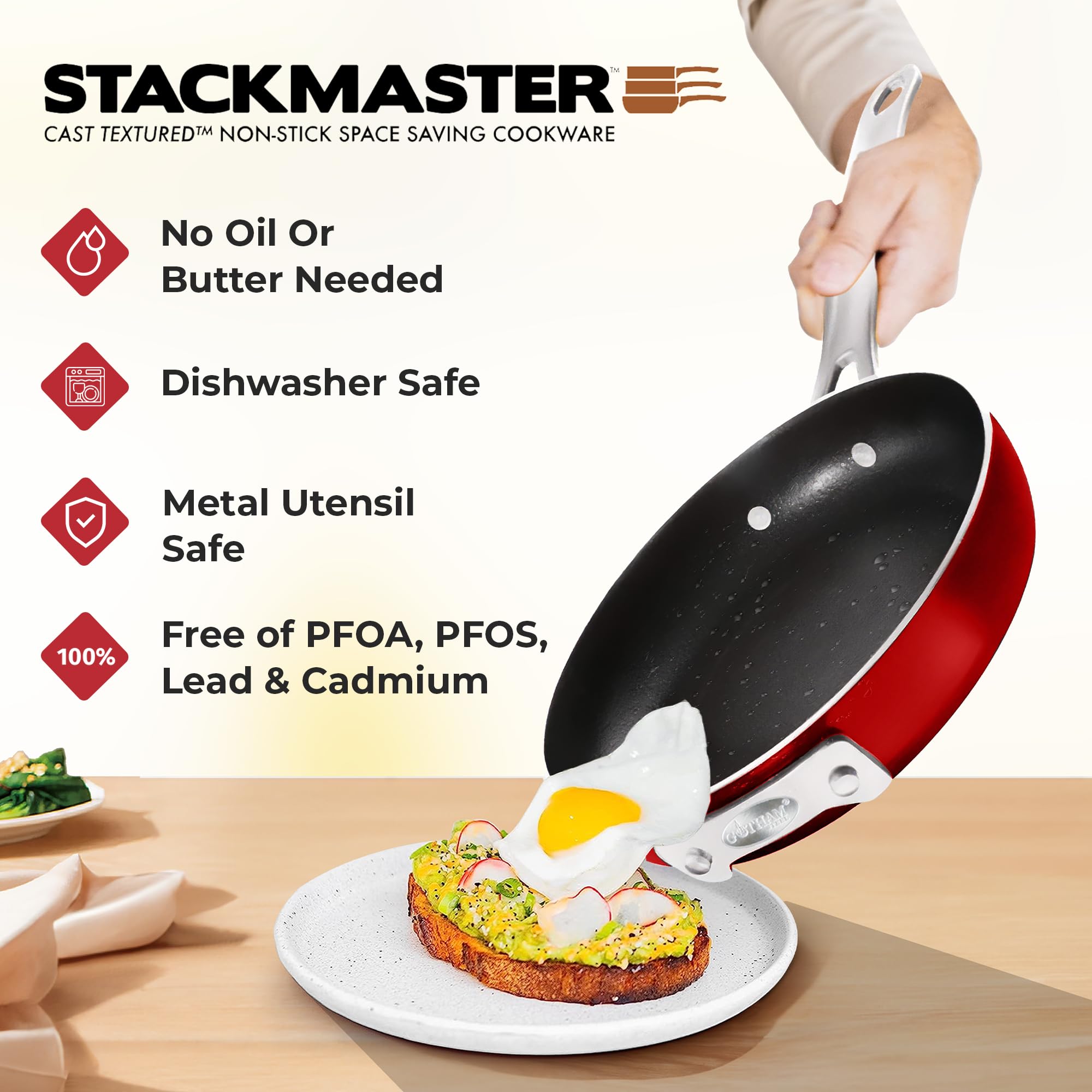 Gotham Steel STACKMASTER Pots Stackable 10 Piece Cookware Set Ultra Nonstick Cast Texture Coating Includes Fry Pans, Red