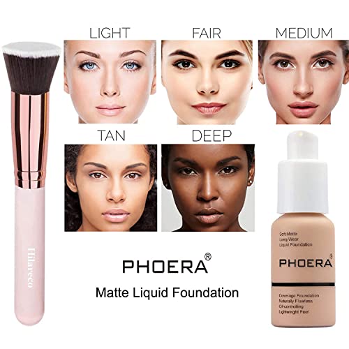 PHOERA Foundation,Full Coverage Foundation,PHOERA Primer,PHOERA Powder,PHOERA Concealer PHOERA Makeup Set, Kabuki Makeup Brushes Foundation Brush Powder Brush,2 Makeup Sponge (104 Buff Beige + 105 Sand)