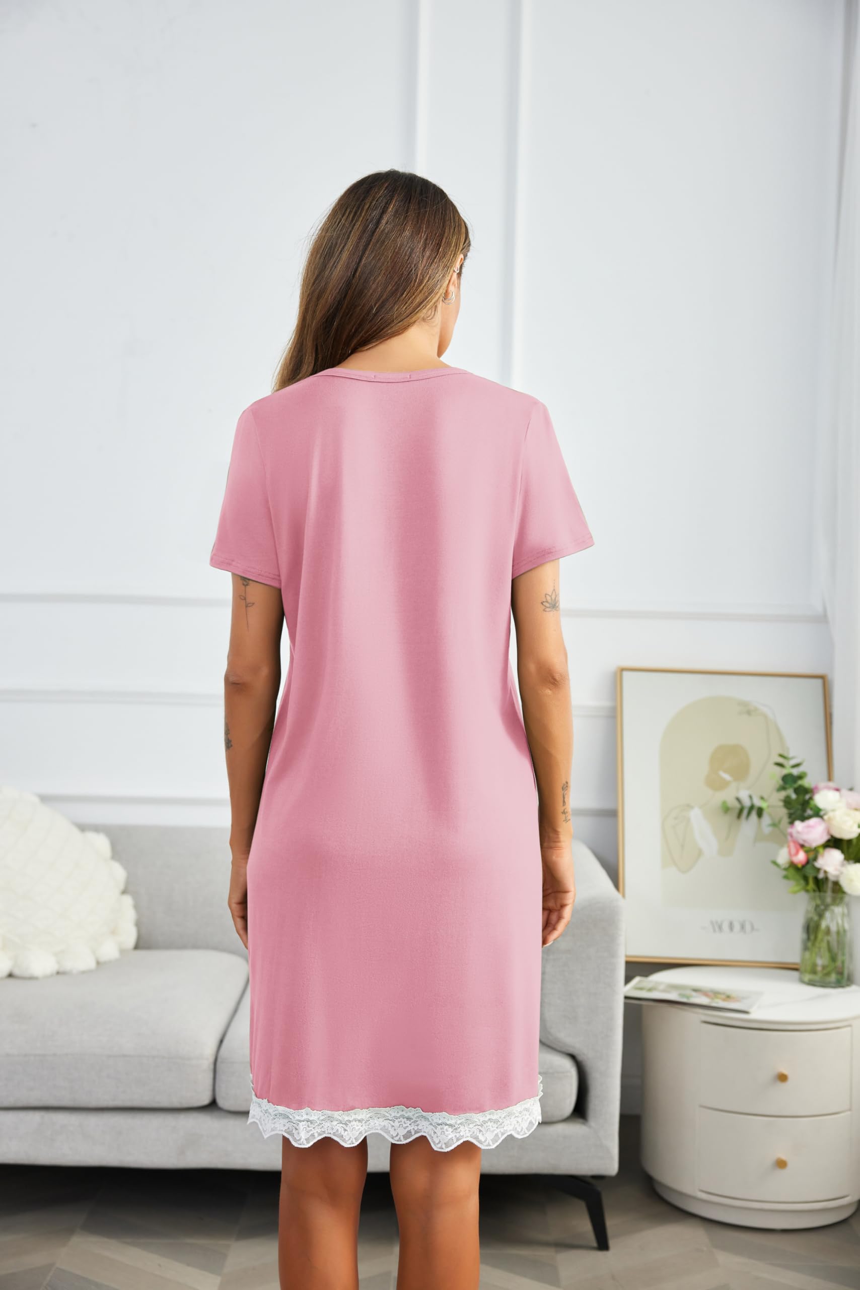 Ekouaer Ladies Night Gown Deep V Neck Short Sleeve Nightshirts Pj Dress Button Pajama Dress Pink