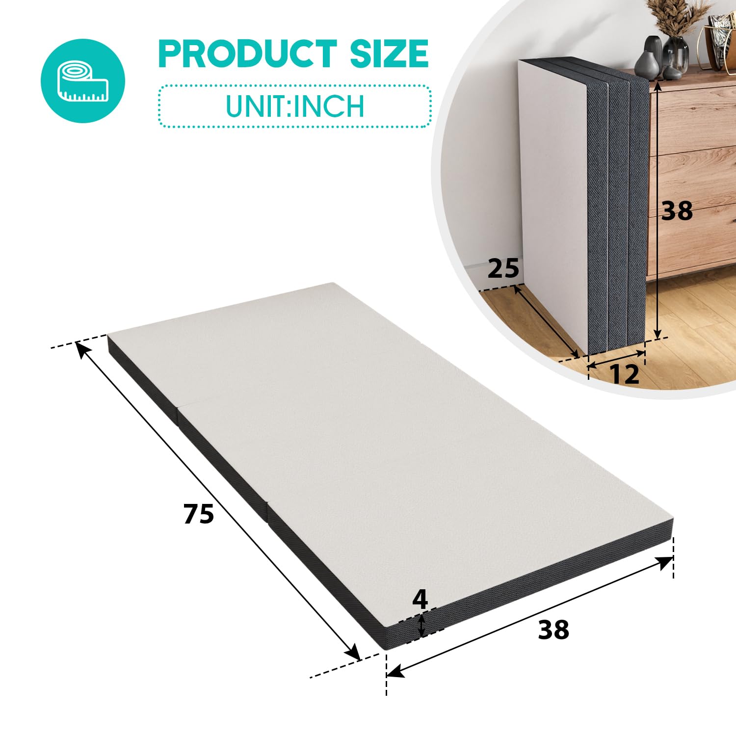 Tri Fold Memory Foam Mattress 4 inch Folding Mattress Topper Portable Foldable Memory Foam Mattress Non-Slip Bottom Breathable Mattress Guest Bed with Zipper Washable Cover CertiPUR-US Certified, Twin