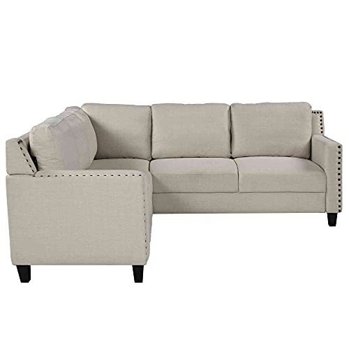 Tulib Symmetrical Sectional Sofa with Ottoman, L-Shaped Rivet Modern Upholstered Couch Set with Cushions, for Living Room, Beige