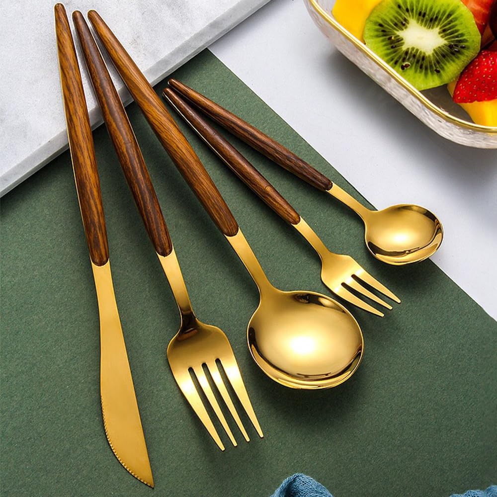 Aimilan 60 Piece Gold Silverware Set for 12, Imitation Wooden Handle Flatware Cutlery Set for Home Kitchen Restaurant, Mirror Finish, Dishwasher Safe (60-Piece for 12)