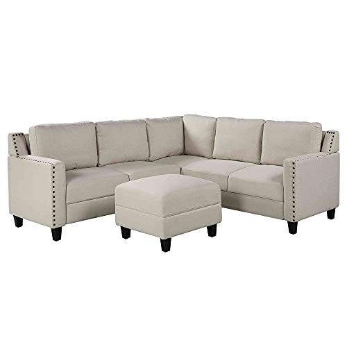 Tulib Symmetrical Sectional Sofa with Ottoman, L-Shaped Rivet Modern Upholstered Couch Set with Cushions, for Living Room, Beige