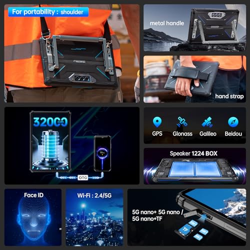 OUKITEL RT7 5G Rugged Tablet - 32000mAh Large Battery,24GB RAM+256GB ROM Android 13 Tablet,10.1 inch FHD+ Screen,48MP+32MP+20MP Night Vision Camera,IP68/IP69K Waterproof Tablet/WiFi/OTG/GPS Blue