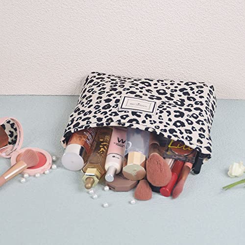LYDZTION Leopard Print Makeup Bag Cosmetic Bag for Women,Large Capacity Canvas Makeup Bags Travel Toiletry Bag Accessories Organizer,White