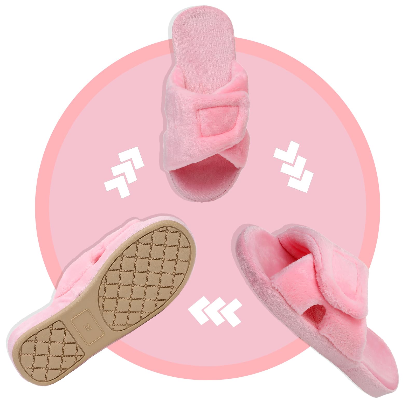 Women's Adjustable Diabetic Slippers Memory Foam House Shoes Cozy Arch Support Orthotic Heel Cup Arthritis Edema Slippers Non Slip Rubber Sole, Open Toe Fuzzy Slide Sandals for Ladies,Pink 8/9