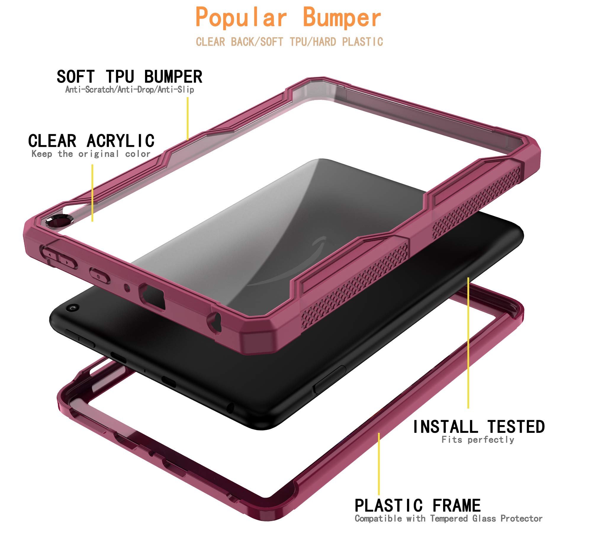EpicGadget Case for Amazon Fire HD 8 / Fire HD 8 Plus (12th Gen, 2022 Released) - Clear Back Full Body Dual Layer Protective Hybrid Cover Case Support Wireless Charging for HD 8 Plus (Plum)