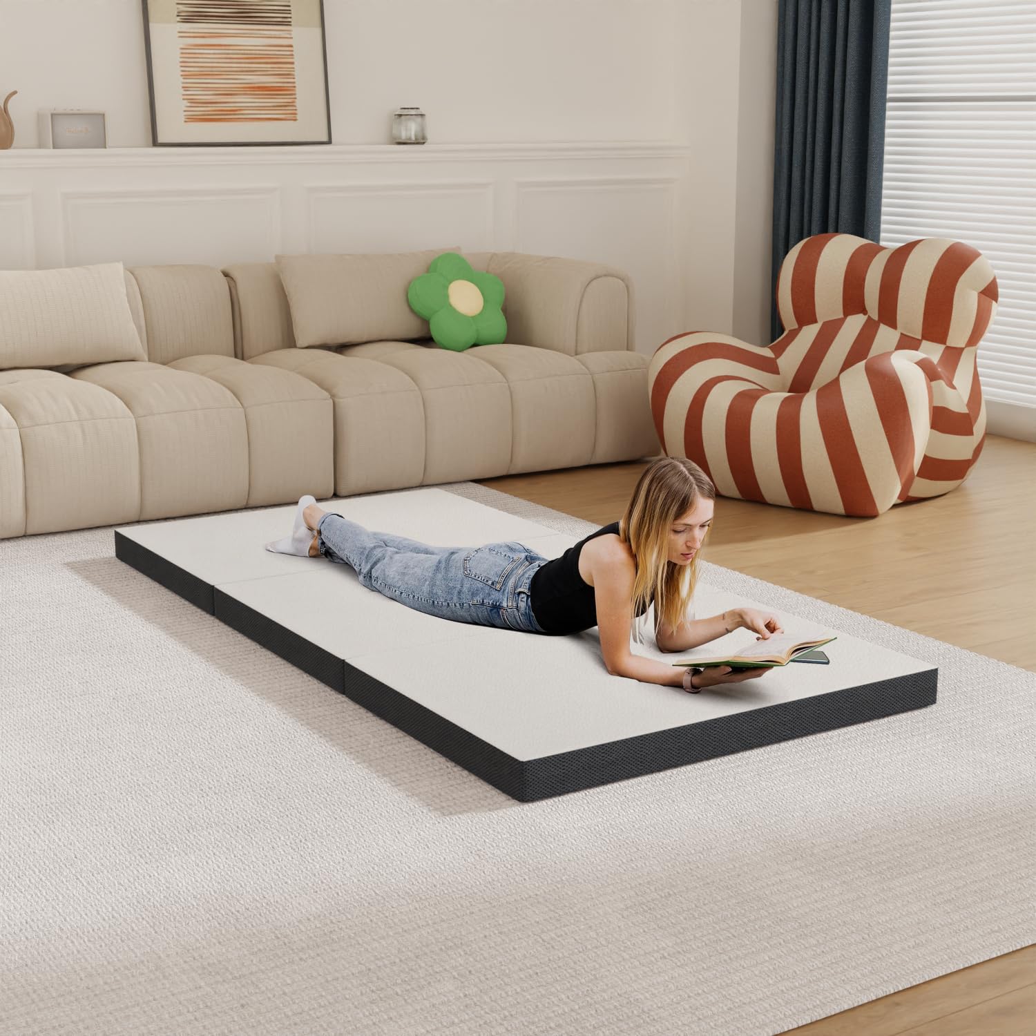 Tri Fold Memory Foam Mattress 4 inch Folding Mattress Topper Portable Foldable Memory Foam Mattress Non-Slip Bottom Breathable Mattress Guest Bed with Zipper Washable Cover CertiPUR-US Certified, Twin