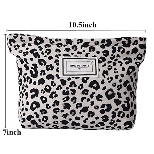 LYDZTION Leopard Print Makeup Bag Cosmetic Bag for Women,Large Capacity Canvas Makeup Bags Travel Toiletry Bag Accessories Organizer,White