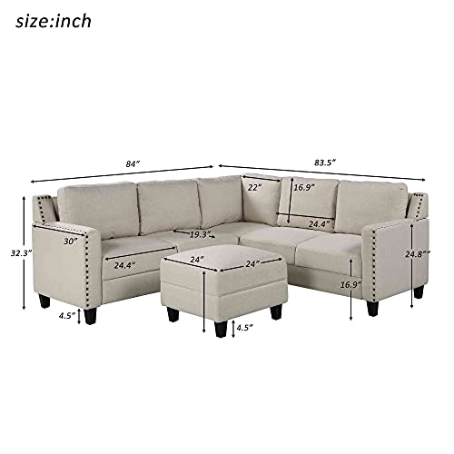 Tulib Symmetrical Sectional Sofa with Ottoman, L-Shaped Rivet Modern Upholstered Couch Set with Cushions, for Living Room, Beige