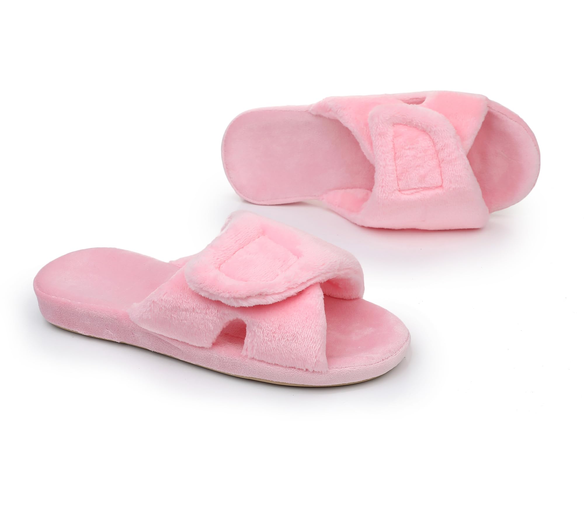 Women's Adjustable Diabetic Slippers Memory Foam House Shoes Cozy Arch Support Orthotic Heel Cup Arthritis Edema Slippers Non Slip Rubber Sole, Open Toe Fuzzy Slide Sandals for Ladies,Pink 8/9