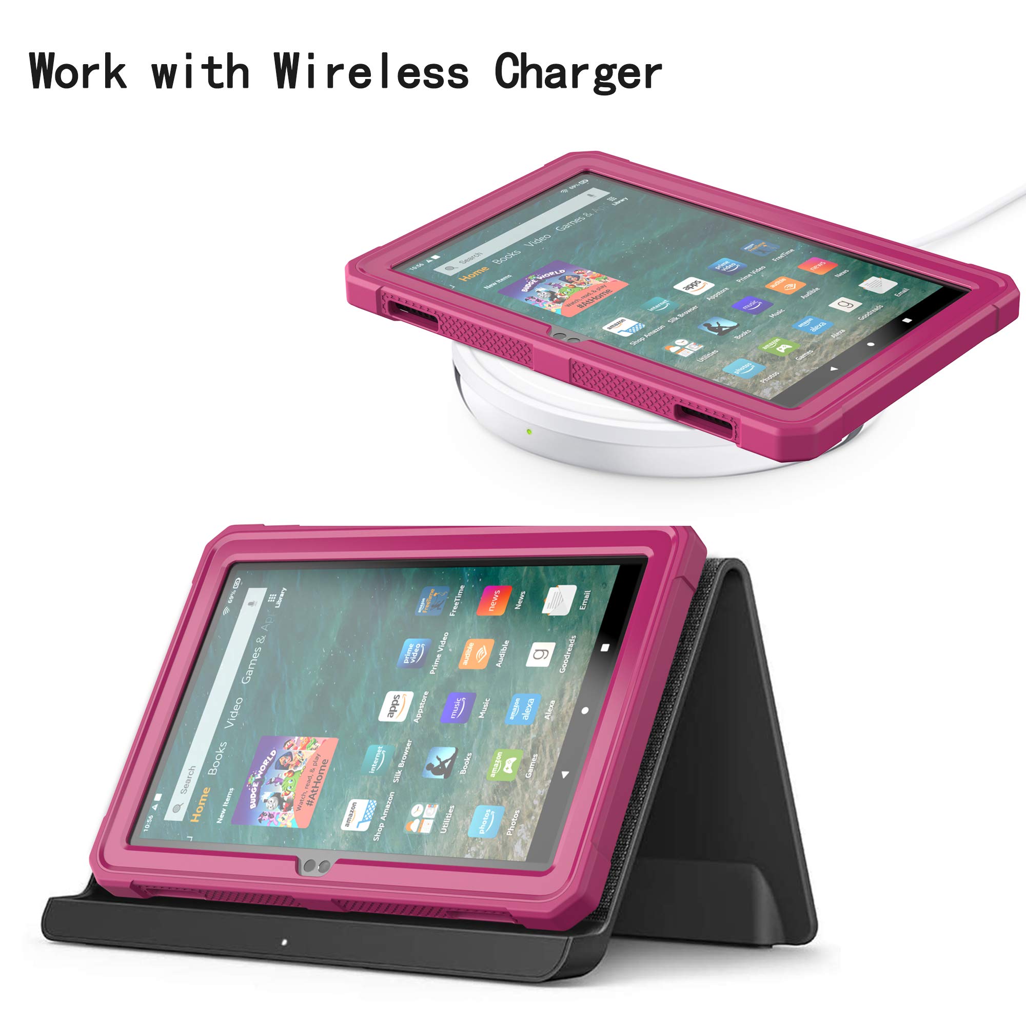 EpicGadget Case for Amazon Fire HD 8 / Fire HD 8 Plus (12th Gen, 2022 Released) - Clear Back Full Body Dual Layer Protective Hybrid Cover Case Support Wireless Charging for HD 8 Plus (Plum)