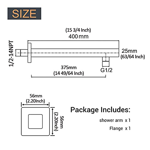 AZOS 16 Inch Shower Arm with Flange, Rain Shower Head Extension Extender, Chrome Universal Showering Components Shower Arm Stainless Steel Bathroom Rainfall Showerhead