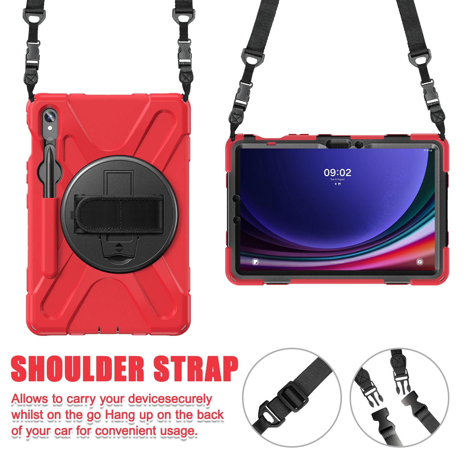 SLLMYYX Case for Samsung Galaxy Tab S8 11 inch 2022 Released SM-X700, 360 Degree Swivel Kickstand Hand Shoulder Strap Shockproof Rugged Protective Case (Red)