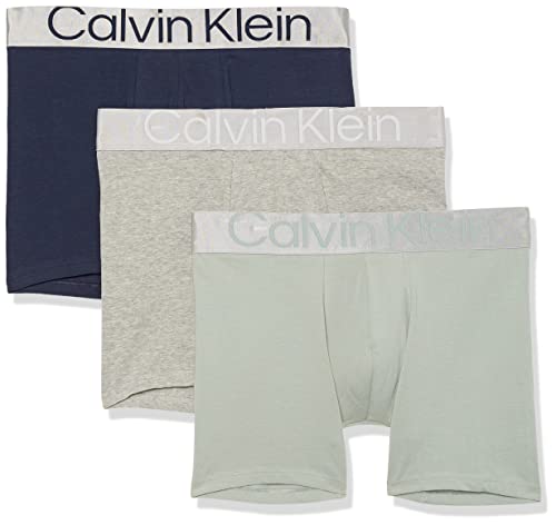 Calvin Klein Men's Reconsidered Steel Cotton 3-Pack Boxer Brief, Cobalt Sapphire, SAGE Meadow, Grey Heather, Medium