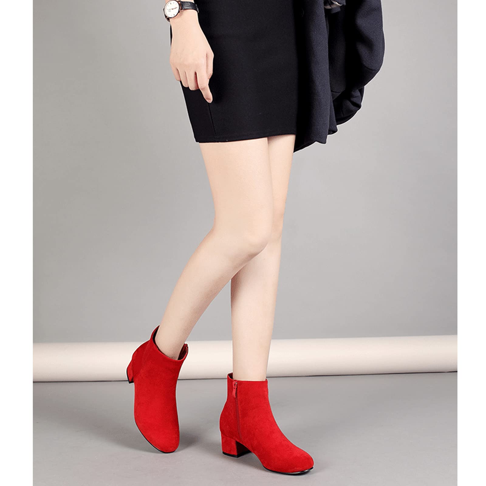 LIURUIJIA Booties for Women Low Heel Suede Ankle Boots Lined Winter Short Dress Boots Red 38(38/US7.5)