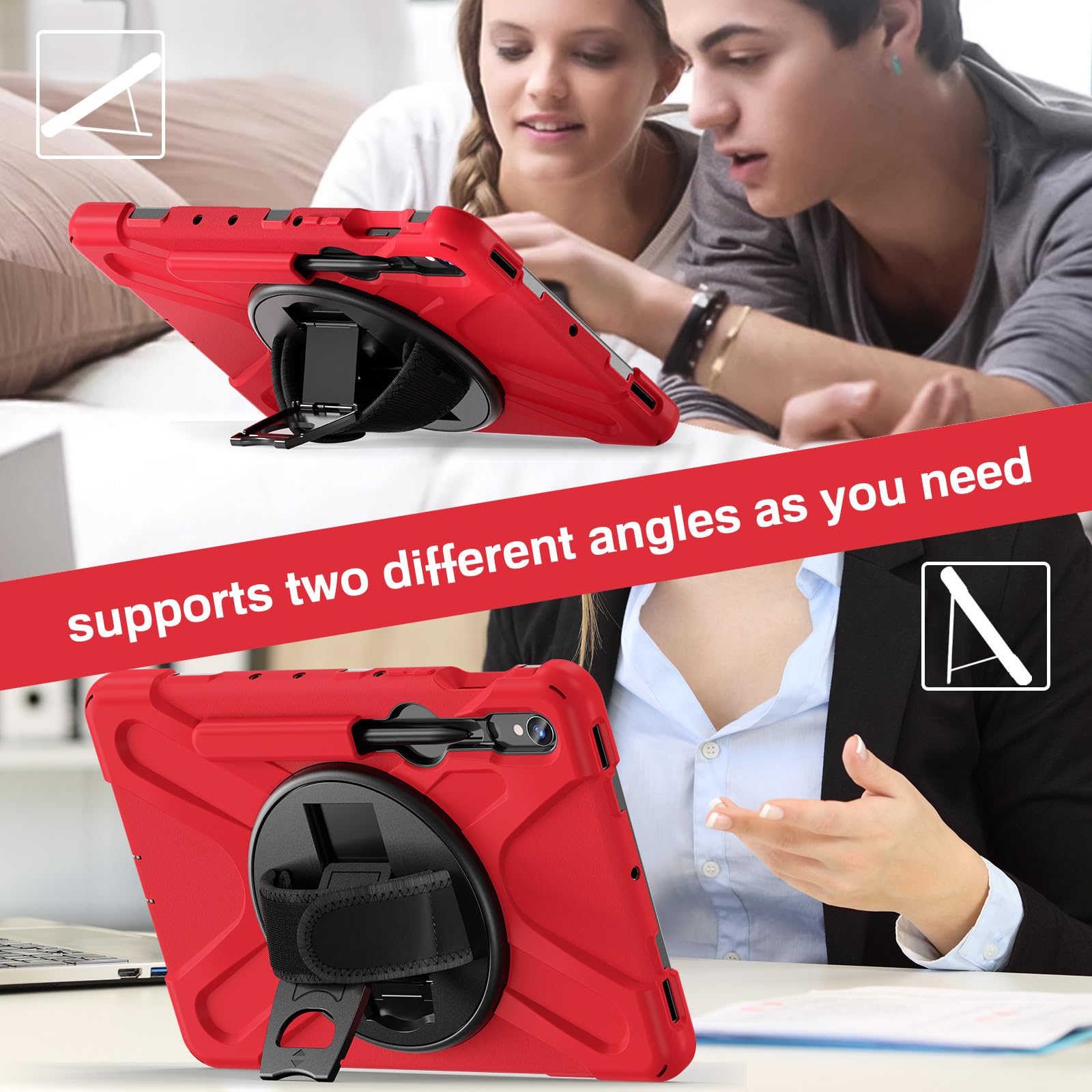 SLLMYYX Case for Samsung Galaxy Tab S8 11 inch 2022 Released SM-X700, 360 Degree Swivel Kickstand Hand Shoulder Strap Shockproof Rugged Protective Case (Red)