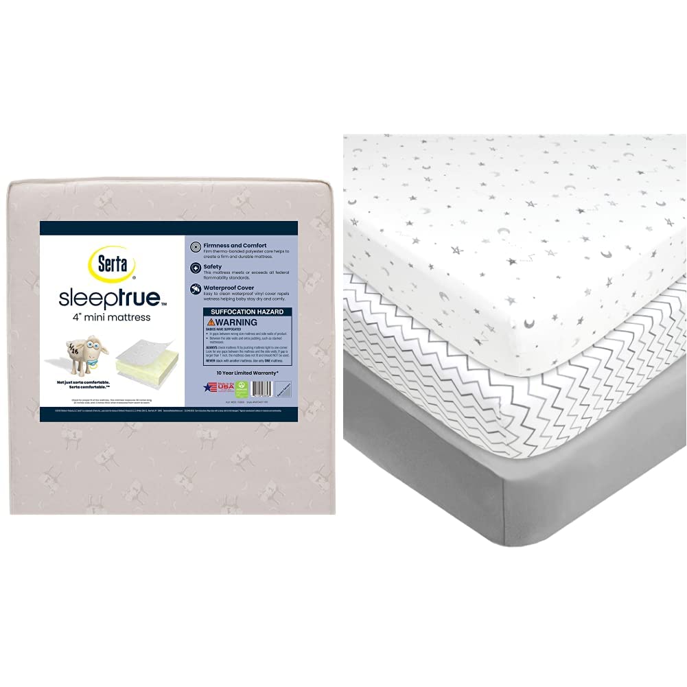 Delta Children Serta SleepTrue Mini Crib Mattress and American Baby Company 3 Pack Fitted Mini Crib Sheet Set for Boys and Girls