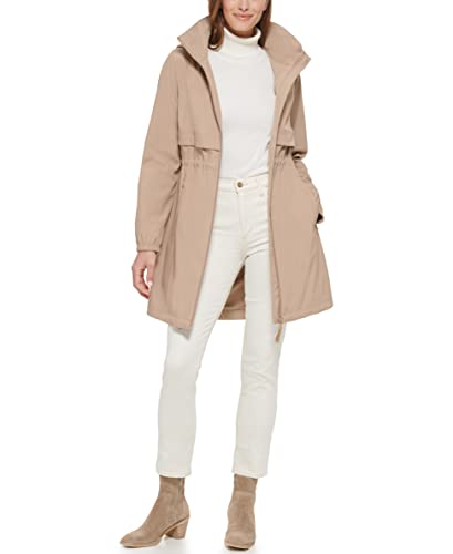 Calvin Klein Women's Water Resistant Adjustable Waist Hooded Back Logo Detail Anorak, Khaki Medium