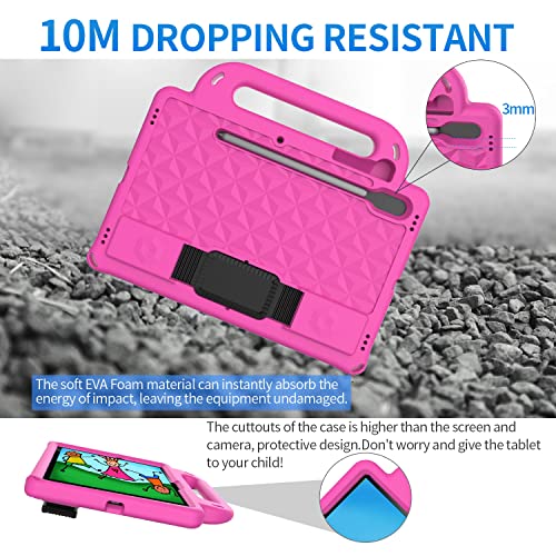 Shockproof Case for 11-inch Samsung Galaxy Tab S9/S8/S7, Galaxy Tab S9 FE 2023 Case, Techcircle EVA Foam Handle Stand Protective Case with Shoulder Strap & Elastic Hand Strap Rugged Kids Cover, Rose