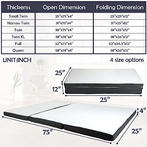 Tri-Fold Gel Memory Foam Mattress - Portable, Foldable Mattress with Washable Cover & Non-Slip Bottom & Breathable Sides, CertiPUR-US Certified, Fiberglass Free, 4 Inch Small Twin