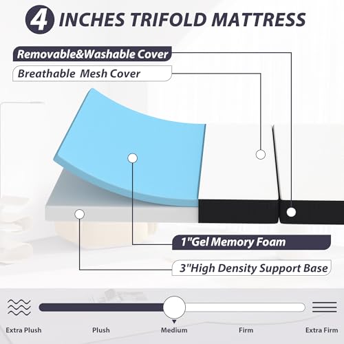 Tri-Fold Gel Memory Foam Mattress - Portable, Foldable Mattress with Washable Cover & Non-Slip Bottom & Breathable Sides, CertiPUR-US Certified, Fiberglass Free, 4 Inch Small Twin