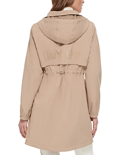 Calvin Klein Women's Water Resistant Adjustable Waist Hooded Back Logo Detail Anorak, Khaki Medium