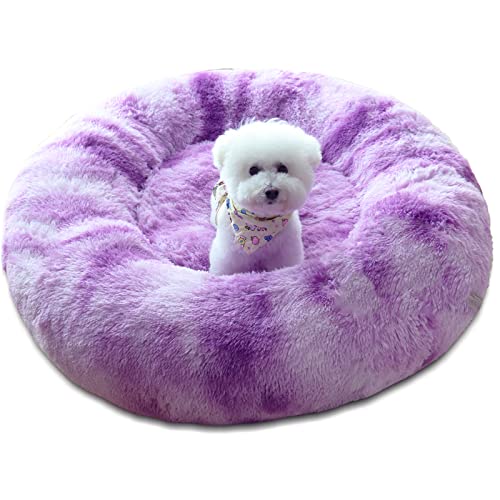 Patas Lague Calming Dog Bed for Small Dogs, Fluffy Soft Cozy Cat Bed, Faux Fur Anti-Anxiety Plush Washable Pet Donut Cuddler for All Seasons 20IN, Purple