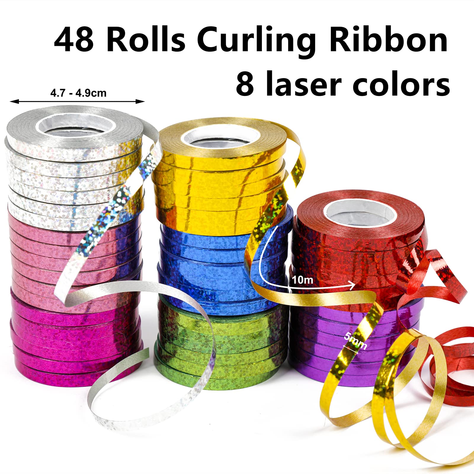 WELTOKE 48 Rolls Curling Ribbon Sparkly Balloon String Roll Gift Wrapping Ribbon for Wrapping, Crafting, Wedding, Party, Festival, Florist Flower(1/5" Wide /8 Laser Colors)