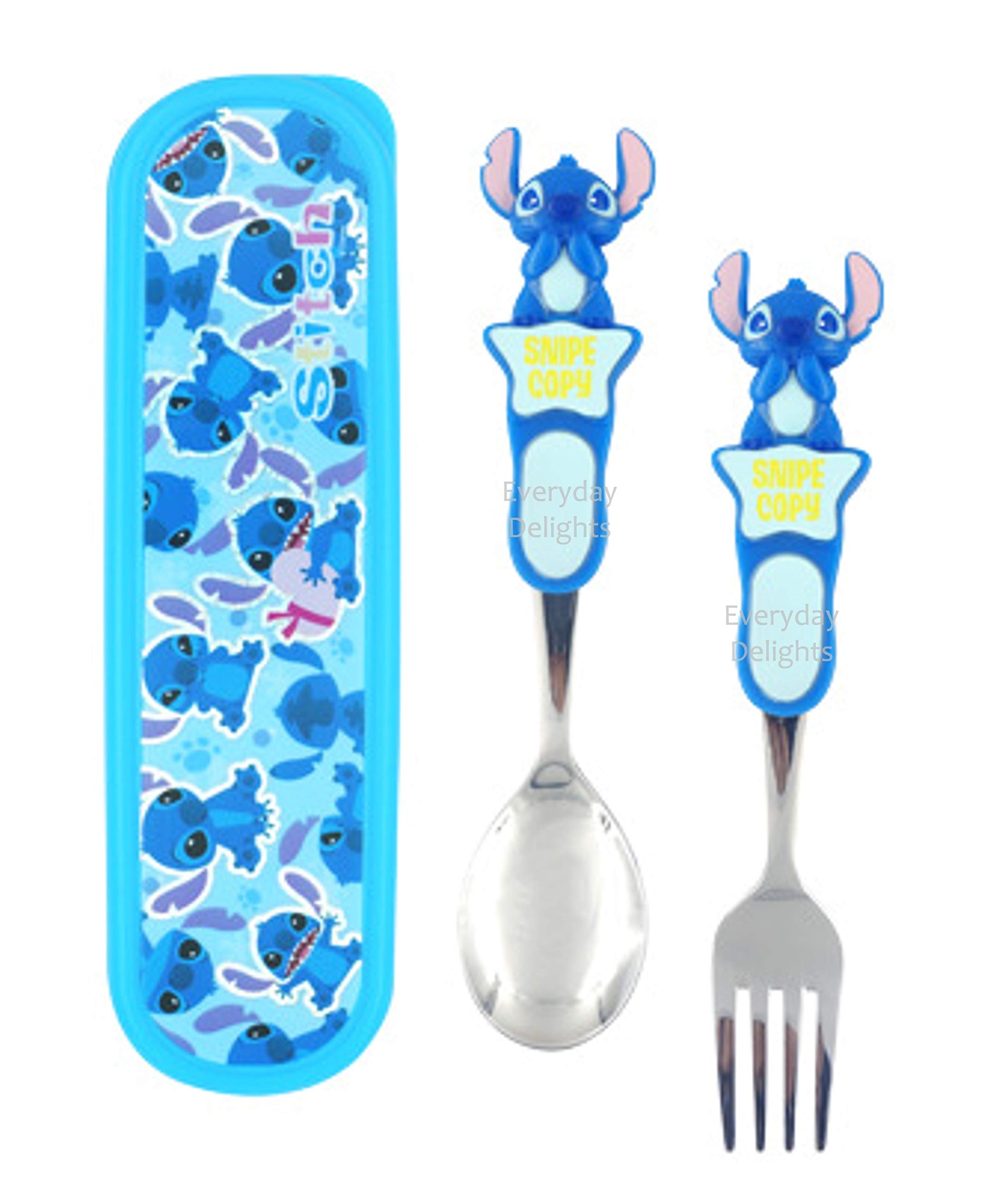 Disney Stitch Flatware Tableware Cutlery Utensil Set for Boys Girls Kids Children – Stainless Steel Fork Spoon Portable Case, 3 pieces