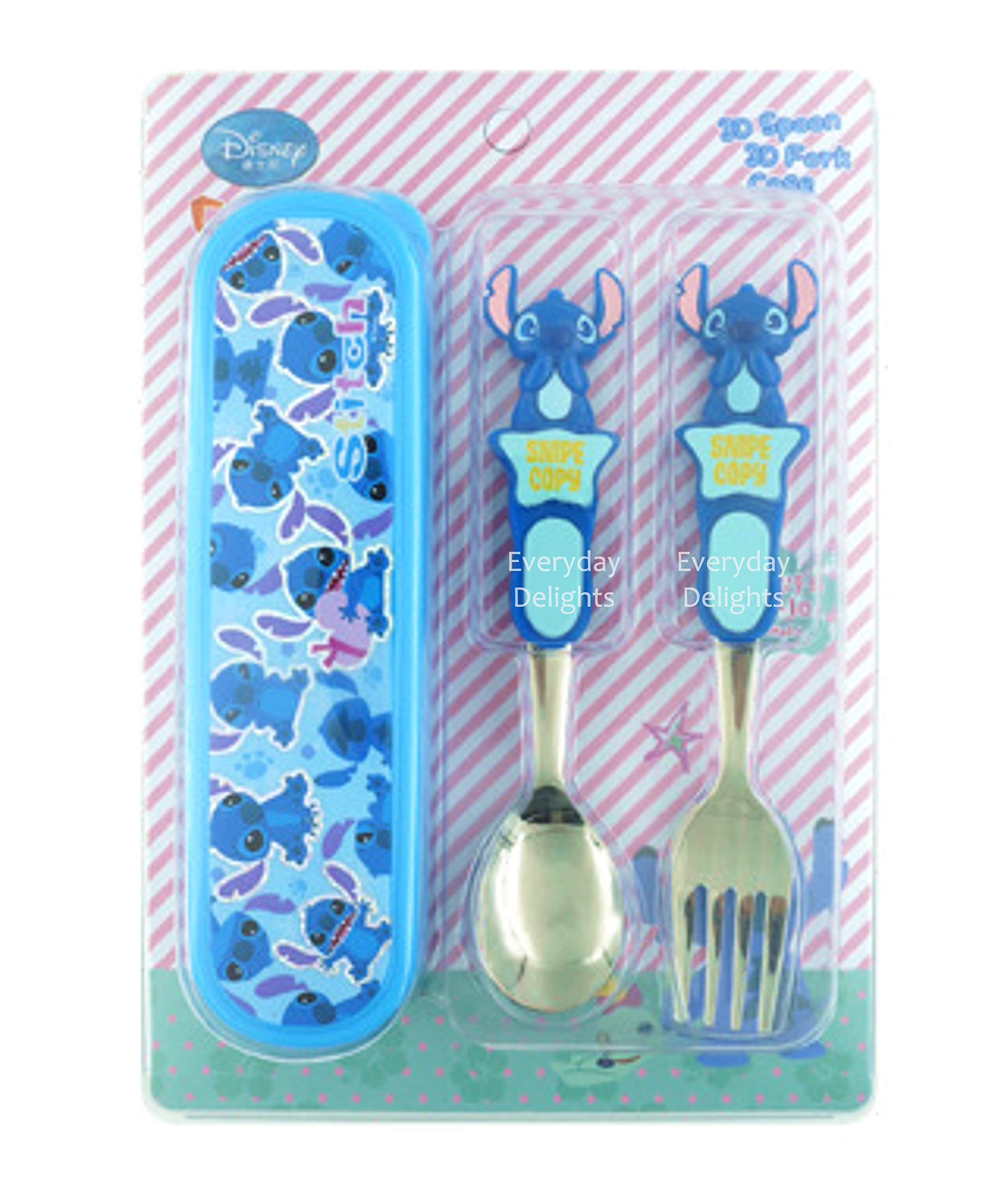 Disney Stitch Flatware Tableware Cutlery Utensil Set for Boys Girls Kids Children – Stainless Steel Fork Spoon Portable Case, 3 pieces