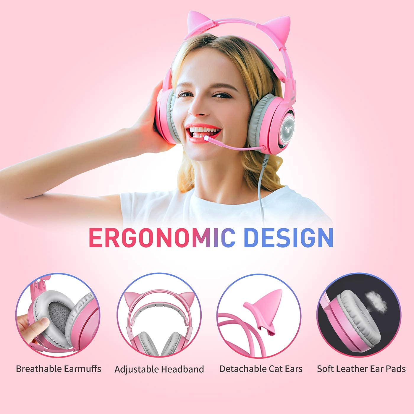 SOMIC 2 Pack Cat Headset, G951s Balck Stereo Gaming Headset with Mic for PS4, PC, Xbox One & G951 Pink Gaming Headset with Brethable LED Light for Girls, Women