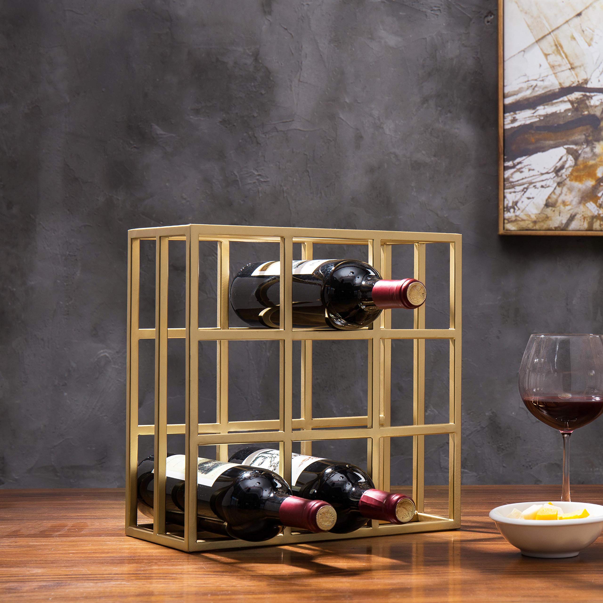 MyGif Modern Brass Metal Tabletop Wine Bottle Rack Holder with 9 Slots - Fit Standard Size Bottles