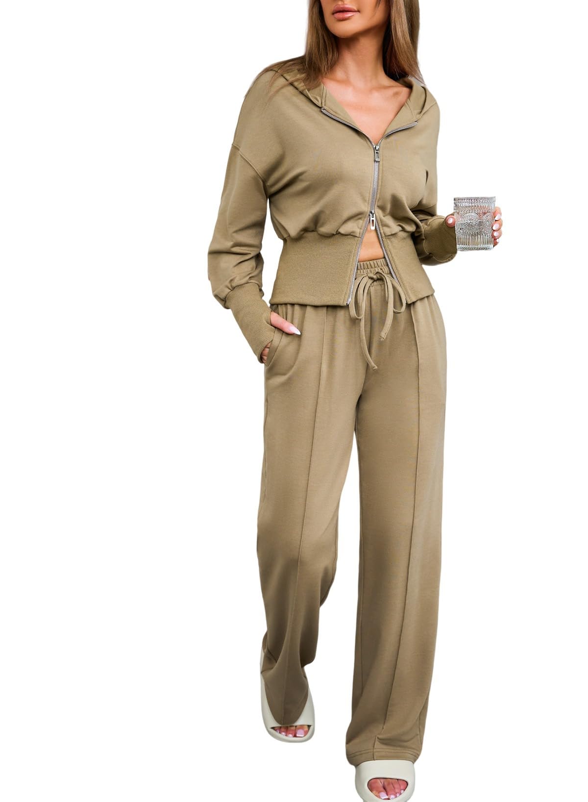 Herseas 2 Piece Teacher Outfits for Women Gym Wear Crop Top Long Sleeve Zip Up with Wide Leg Sweatpants Matching Suit Going Out Sets Beige Large 12 14