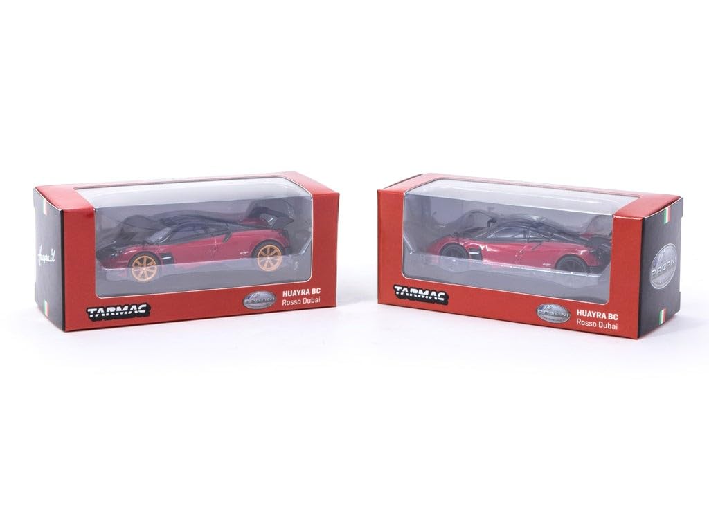 Pagani Huayra BC Rosso Dubai Red Metallic and Black with Silver Stripes Global64 Series 1/64 Diecast Model Car by Tarmac Works T64G-TL014-RE