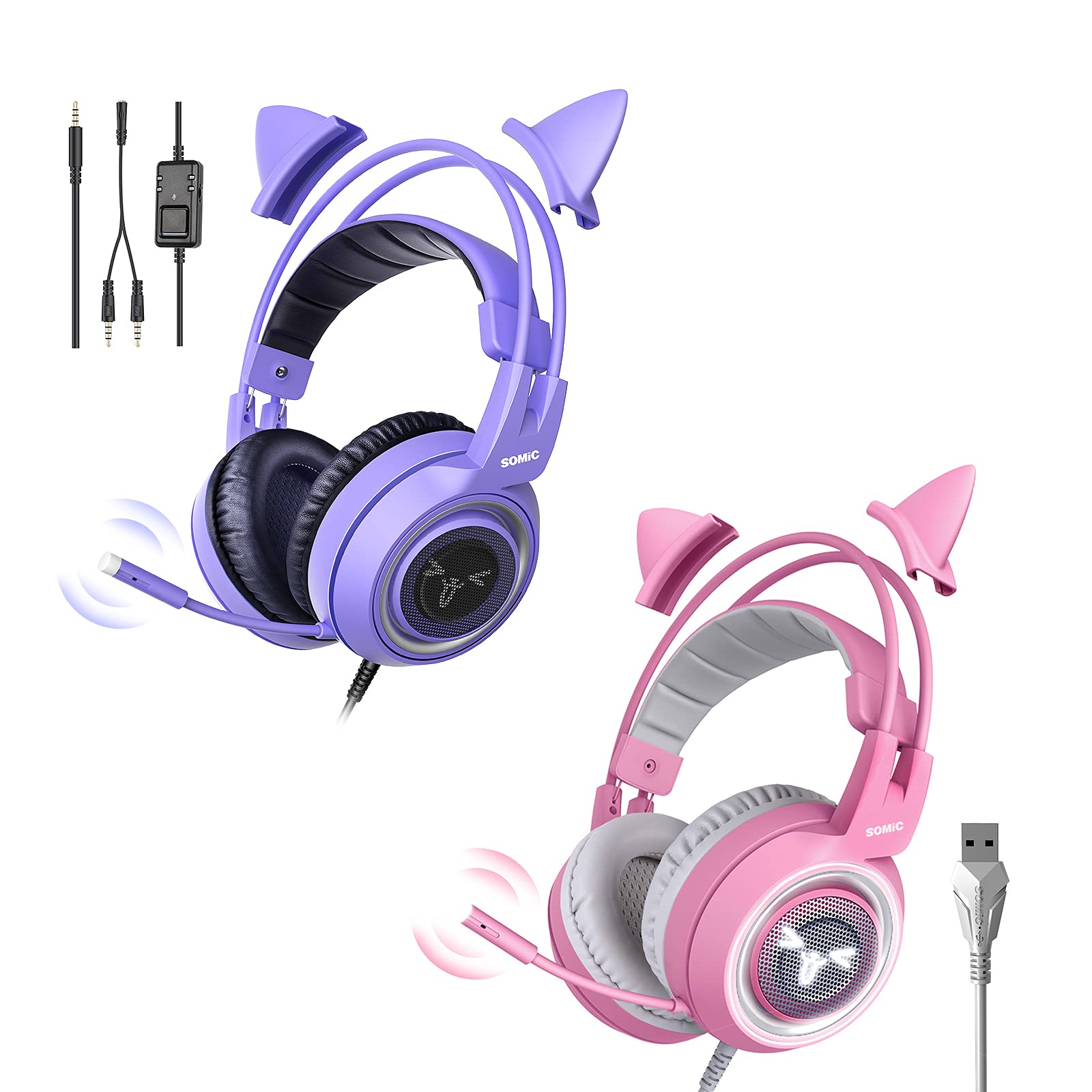 SOMIC 2 Pack Cat Headset, G951s Balck Stereo Gaming Headset with Mic for PS4, PC, Xbox One & G951 Pink Gaming Headset with Brethable LED Light for Girls, Women